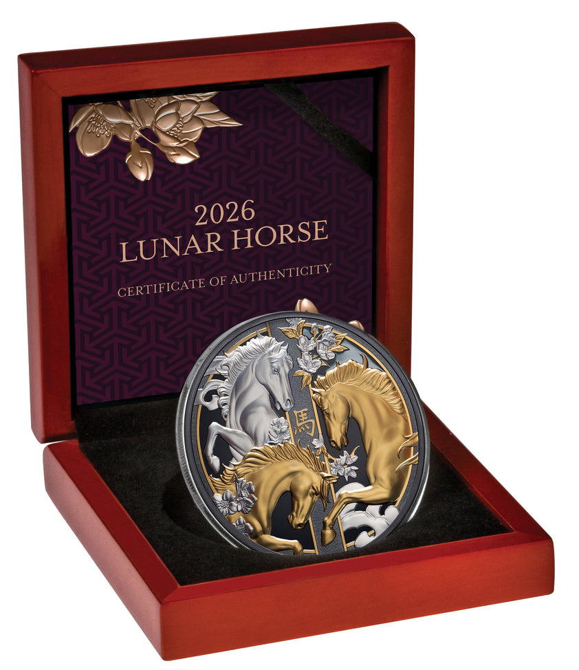 Niue 2026 $10 LUNAR HORSE Gold Plated .999 Silver 5 oz Black Proof Edg ...